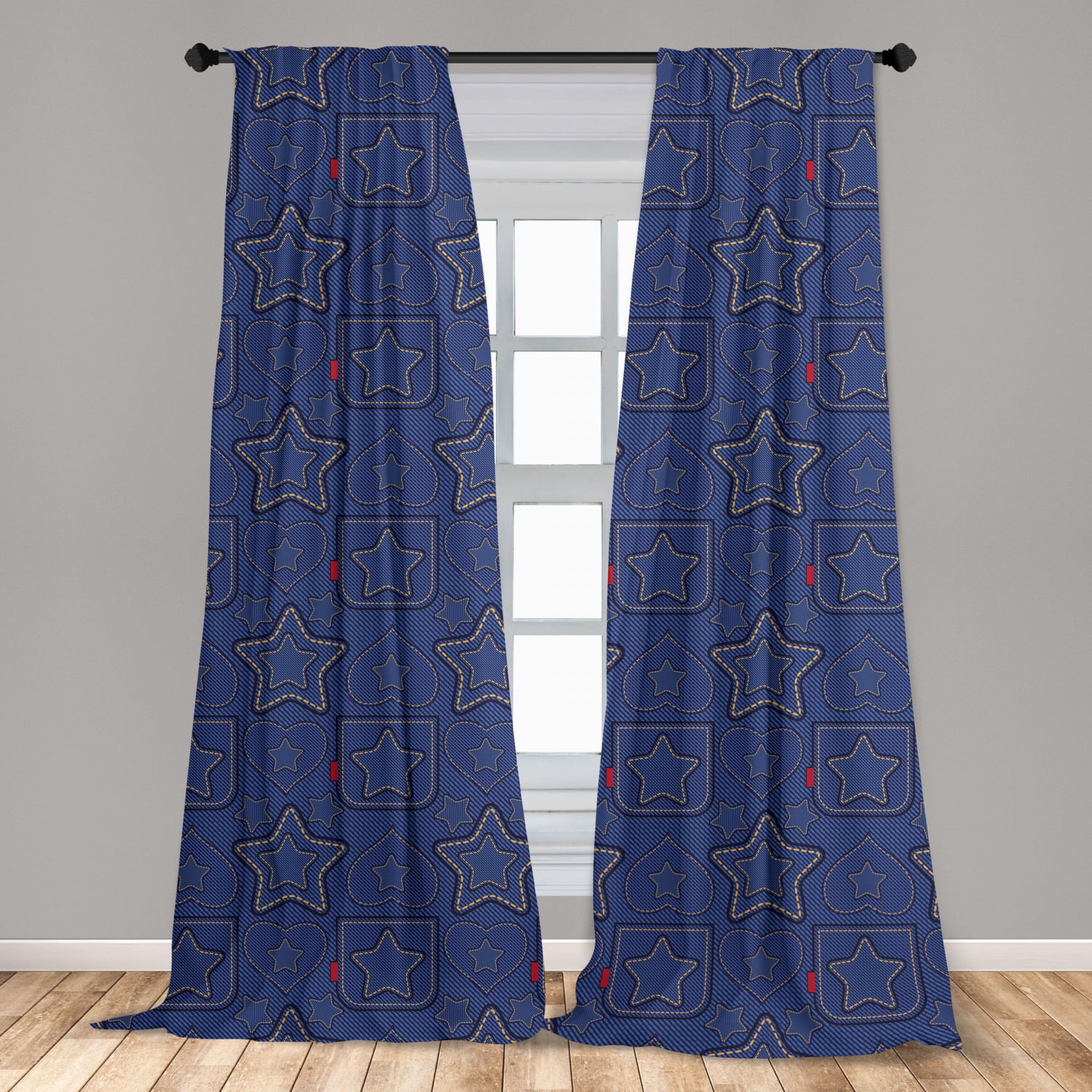 Star Curtains 2 Panels Set, Denim Style Pattern with Hearts and ...