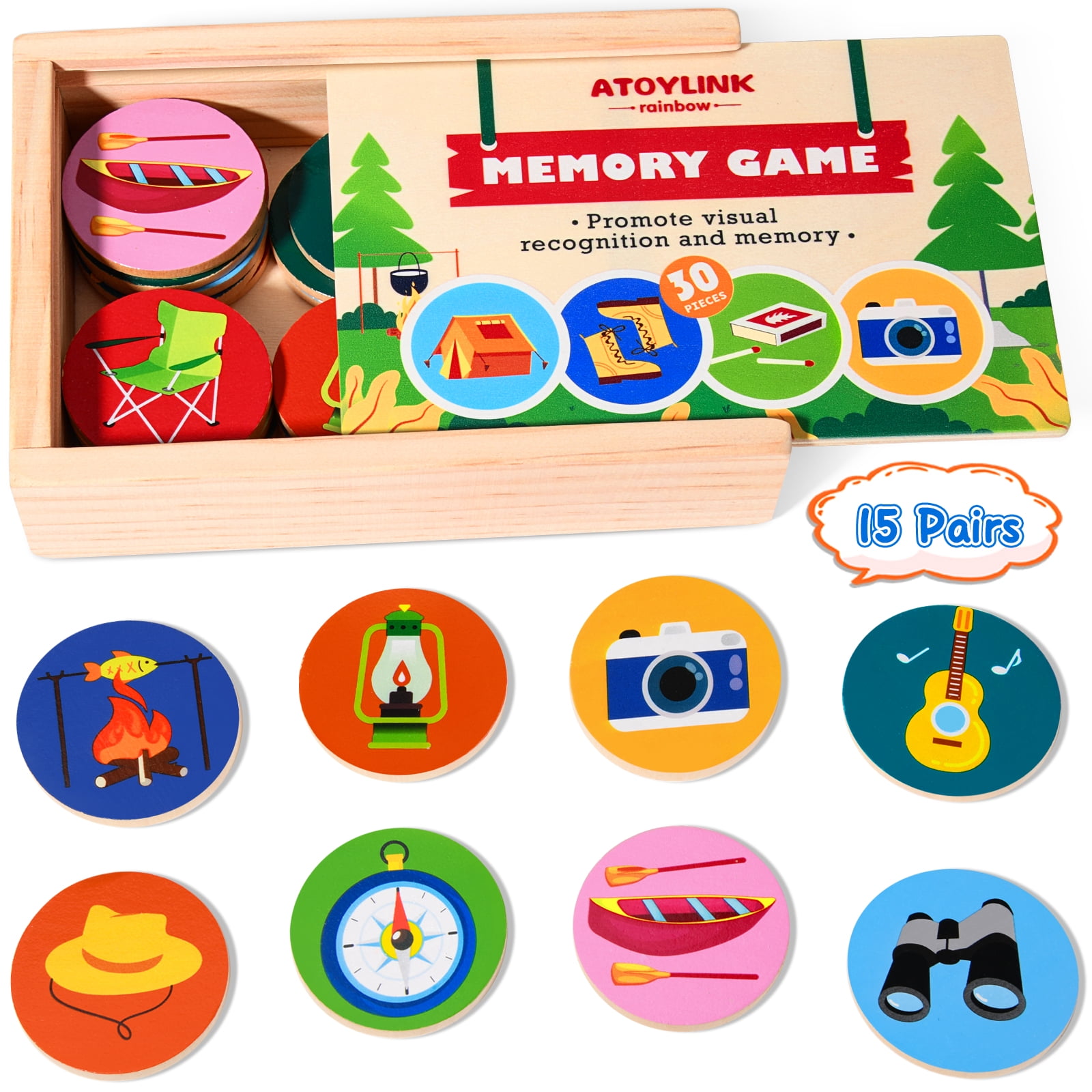 Wooden Matching Memory Game for Kids 3 and Up, 30pcs Camp Theme ...