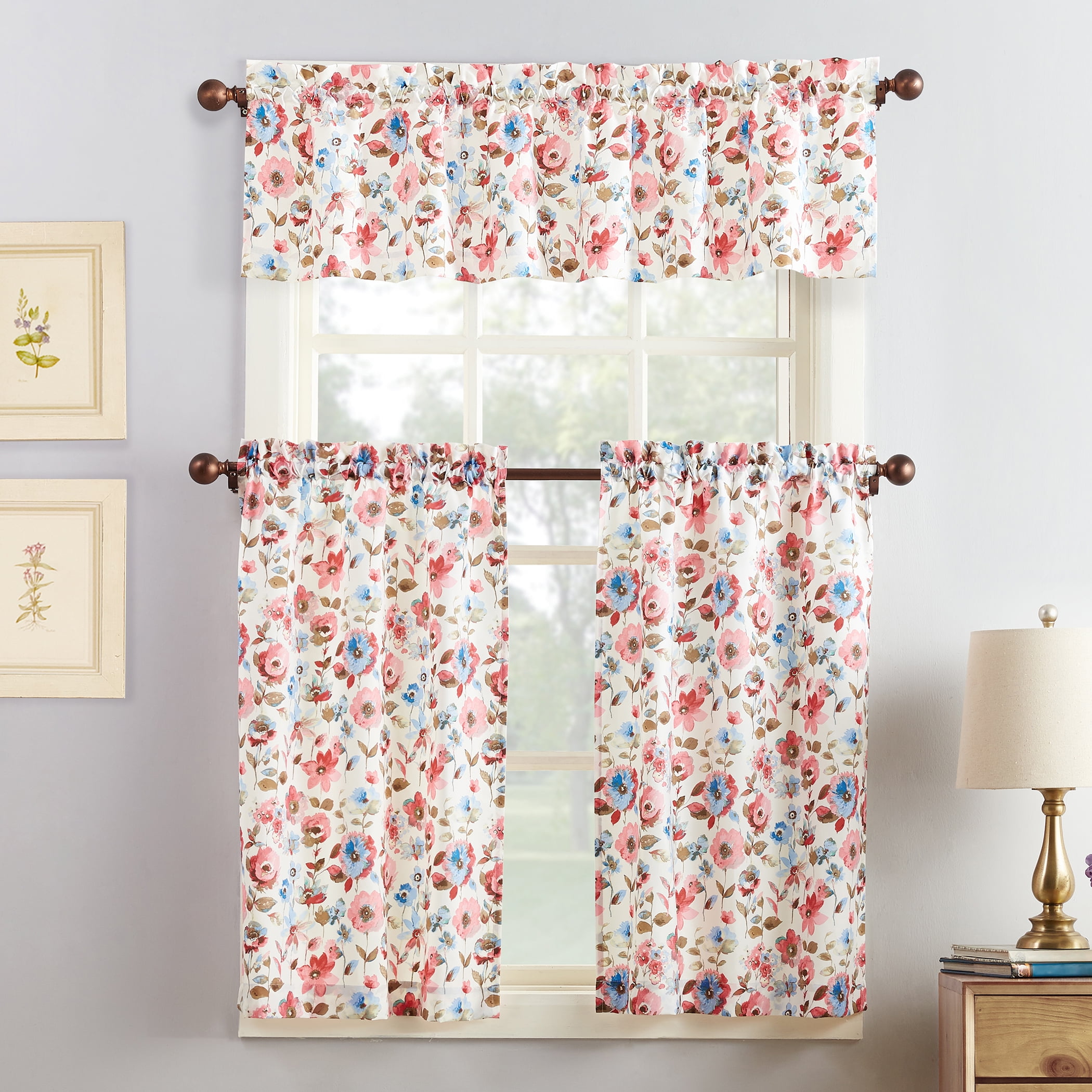 No. 918 Deana Floral Semi-Sheer Rod Pocket Kitchen Curtains, 54"x36 ...