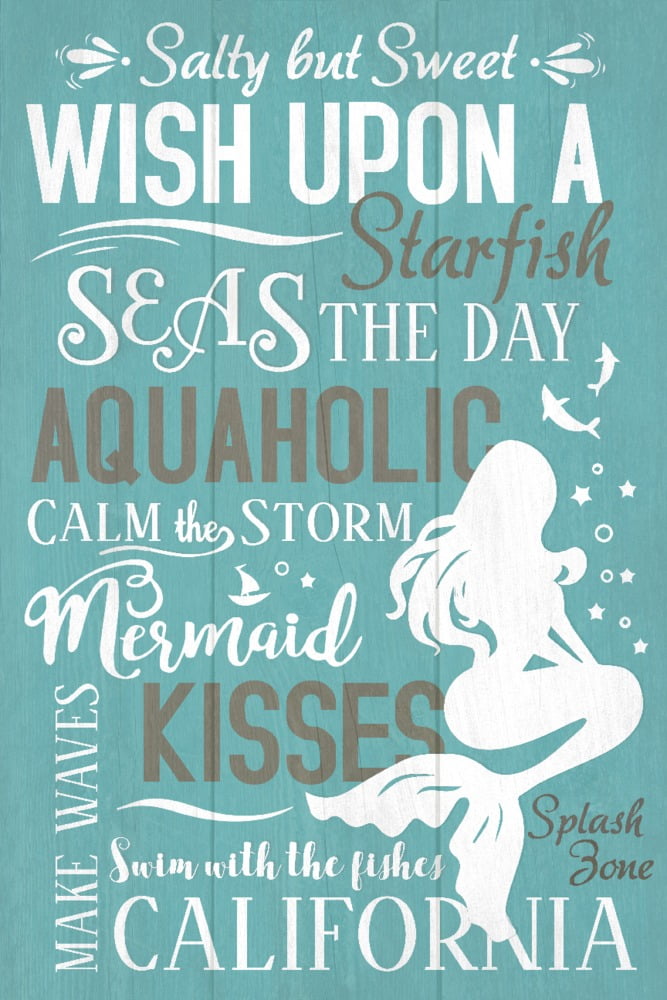 California, Mermaid Typography (24x36 Giclee Gallery Art Print, Vivid ...