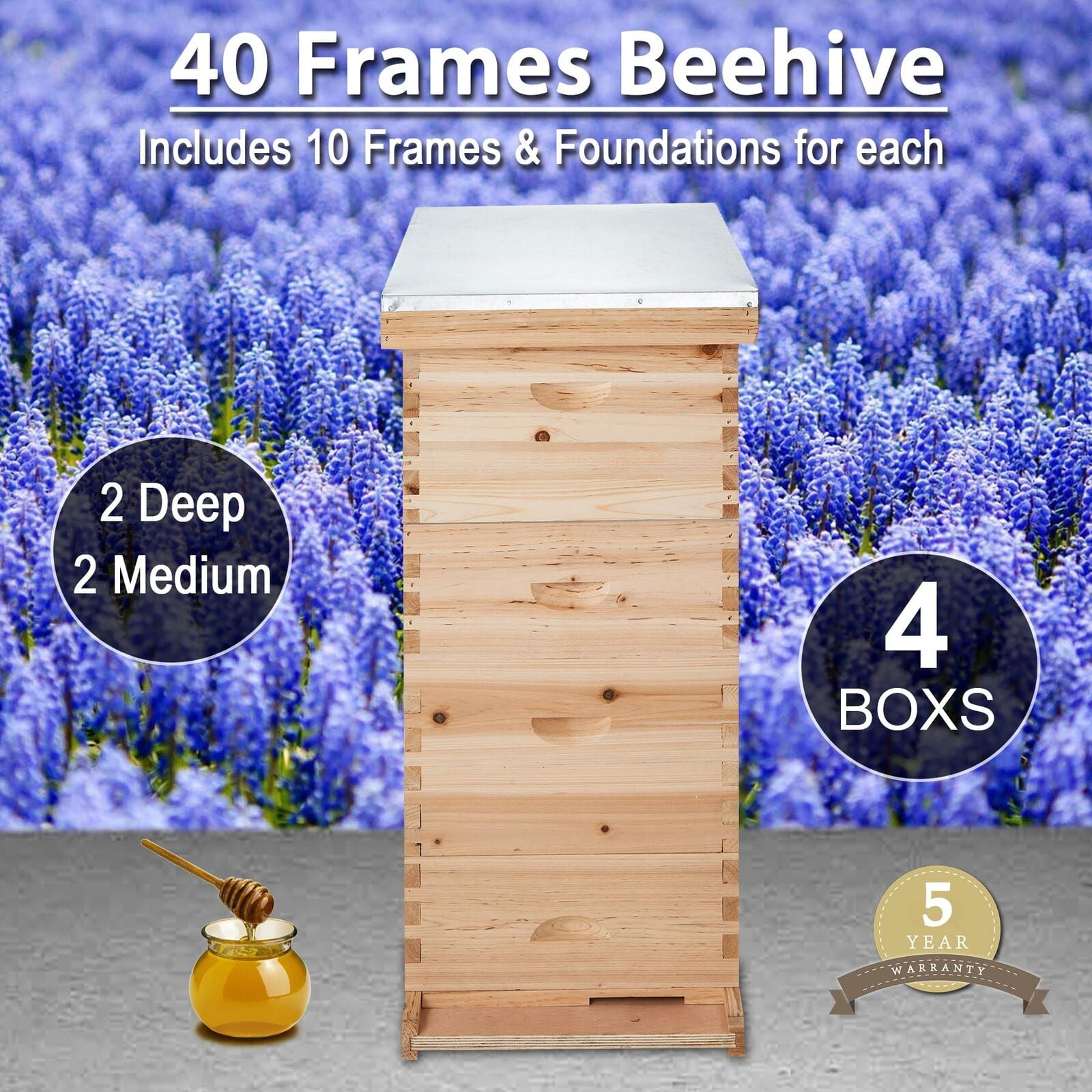 40-Frame Size Beekeeping Kit Bee Hive House Frame Beehive 20 Deep 20 ...