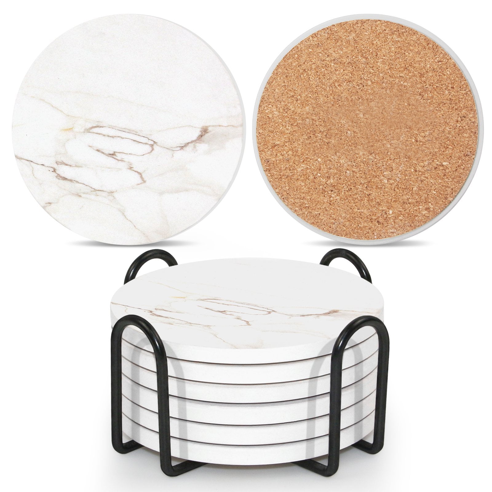 Drink Coasters with Holder Sets of 6 Marble Style Ceramic Absorbent ...