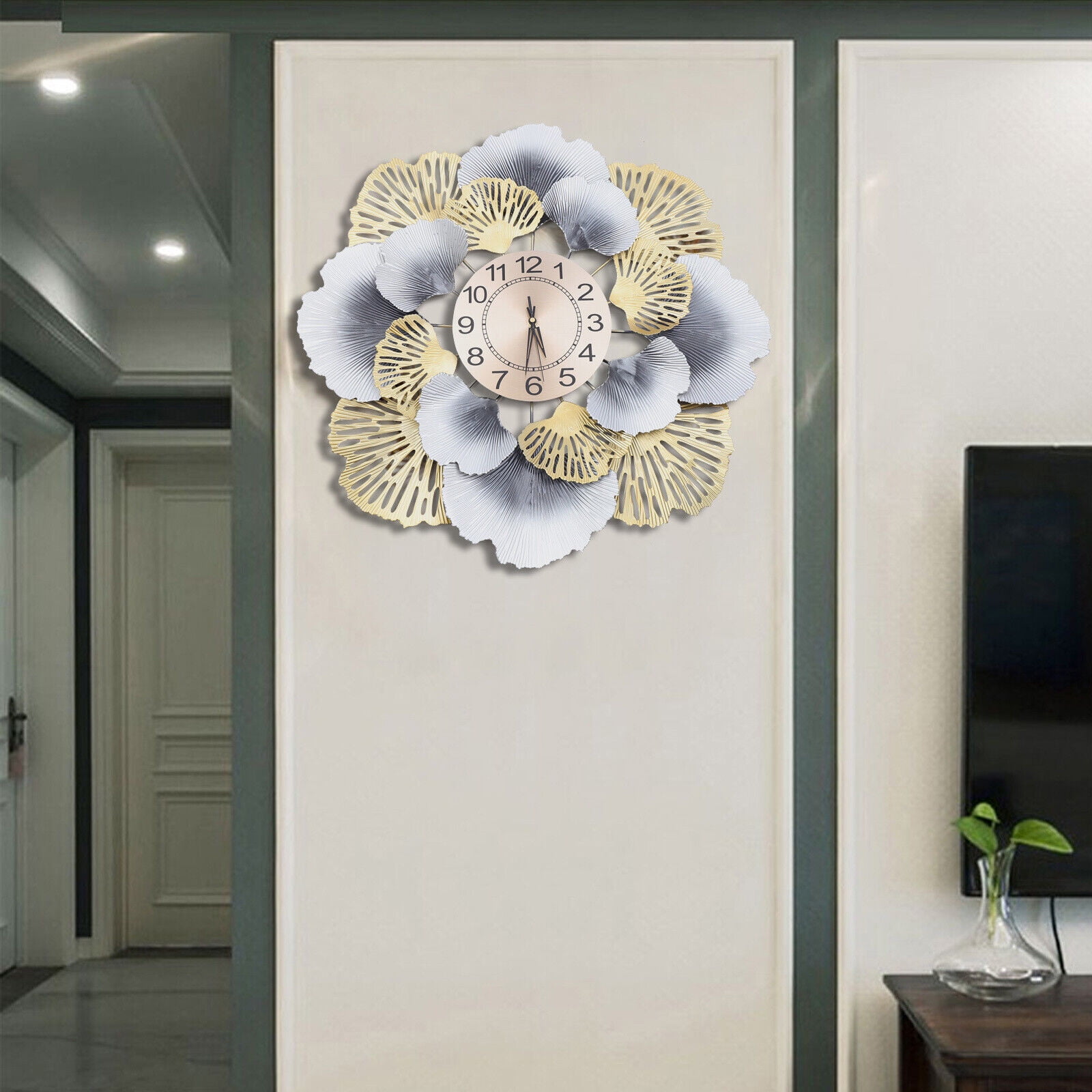 FETCOI Modern 3D Flower Shape Wall Watch for Home Office Large Ginkgo ...