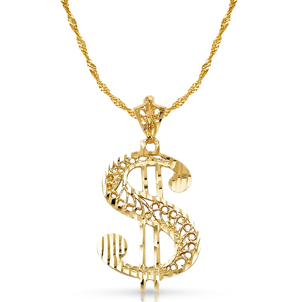 Ioka - 14K Yellow Gold Dollar Sign Charm Pendant with 1.5mm Singapore ...