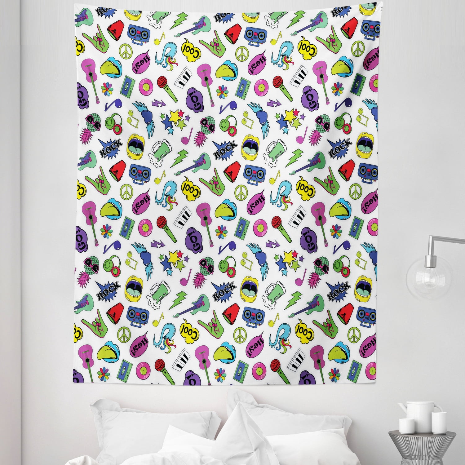 Emoticon Tapestry, Colorful Fun Music Themed Pattern with Instruments ...