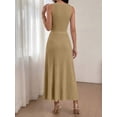 Camel Women Sleeveless Midi Dress Crewneck Ribbed Knit Pleated A-Line ...