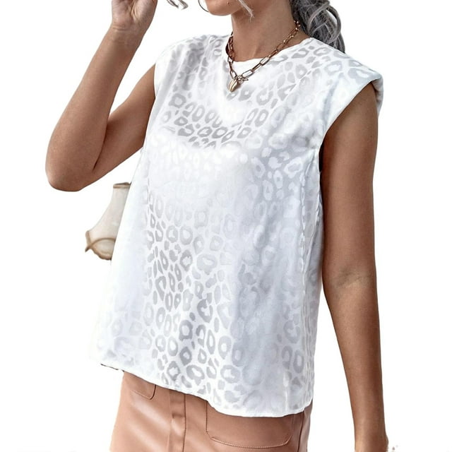 White Elegant Leopard Print Tops Round Neck Women's Blouses - Walmart.com