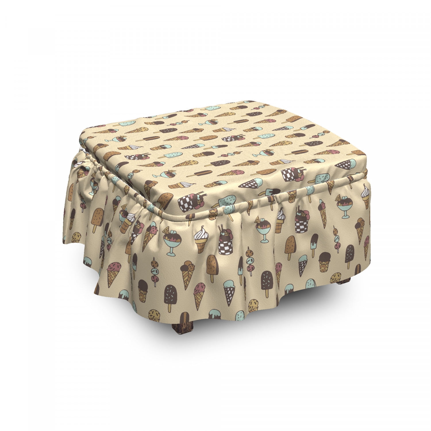 Ice Cream Ottoman Cover, Caricature Cone Doodles, 2 Piece Slipcover Set ...