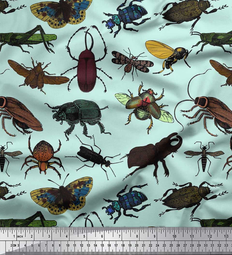 Soimoi Green Satin Silk Fabric Beetle & Honey Bee Insects Print Fabric ...