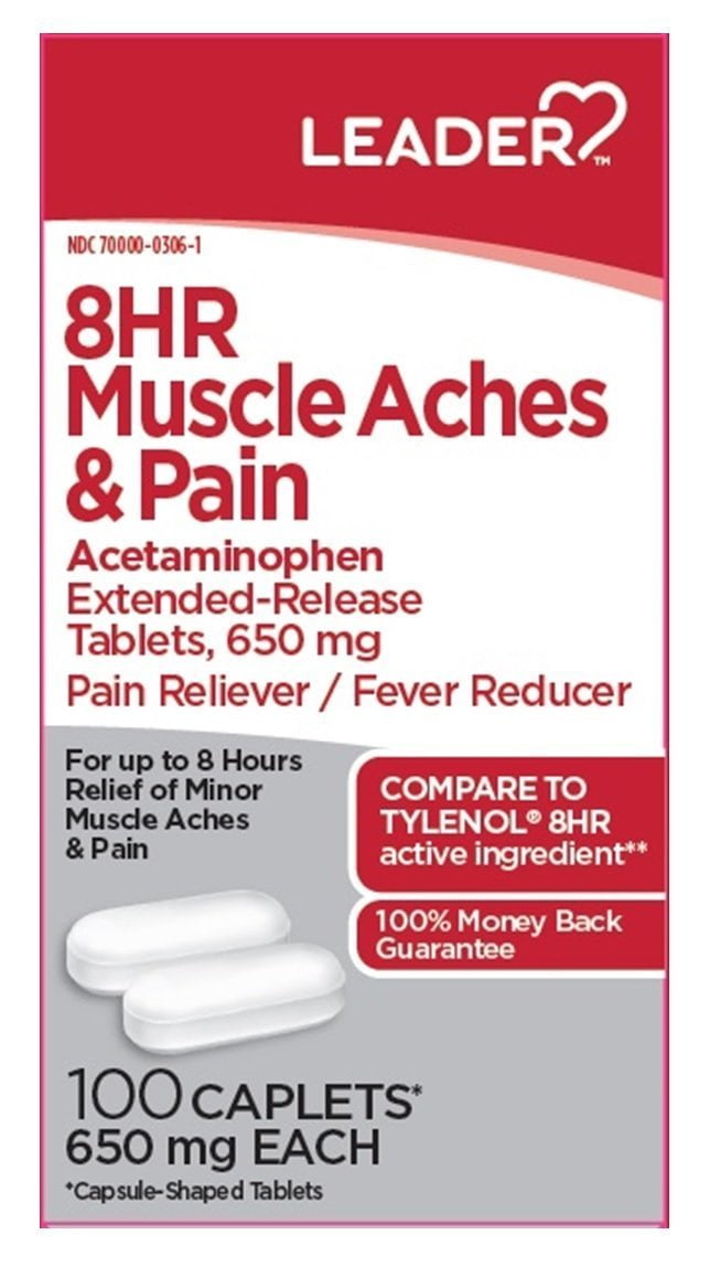 Leader 8HR Muscle Aches & Pain Reliever, Acetaminophen 100 Caplets, 650 ...