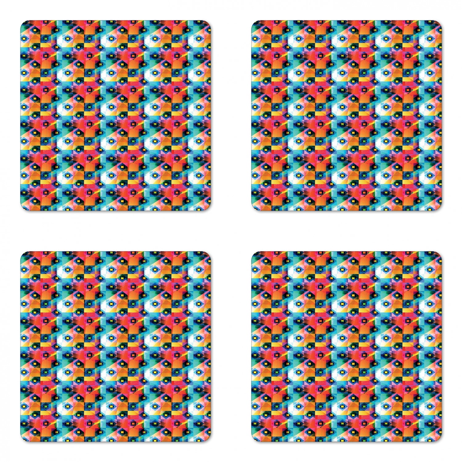 Geometric Coaster Set of 4, Abstract Blended Vivid Color Square and ...