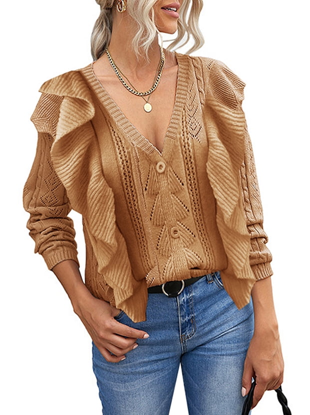MURMUREY Womens V Neck Ruffle Knit Button Down Sweater Cardigans Long ...