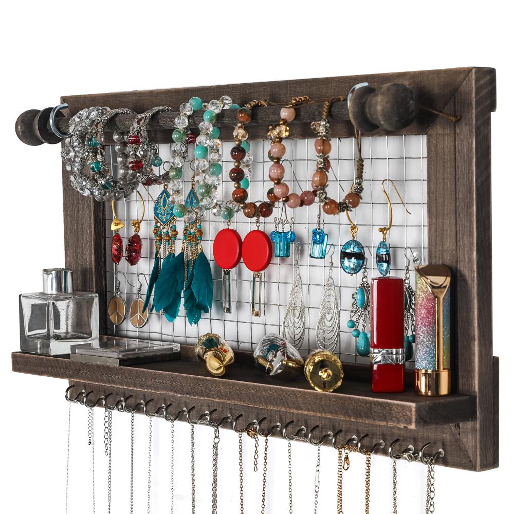 Zimtown Wood Earring Holder with Shelf, Hanging Hook for Necklace,Brown ...