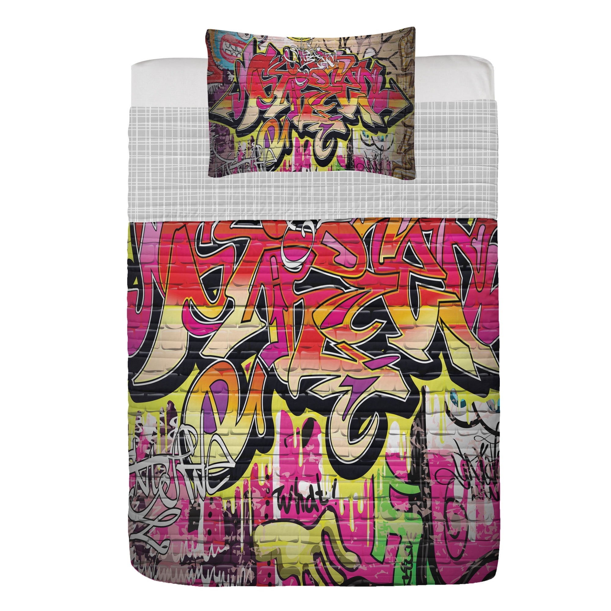 Brick Wall Reversible Bedspread Set, Graffiti on Urban Street Style Art ...