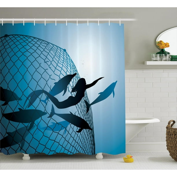 Mermaid Decor Shower Curtain Set A Mermaid Rescues Flight Of Dolphins