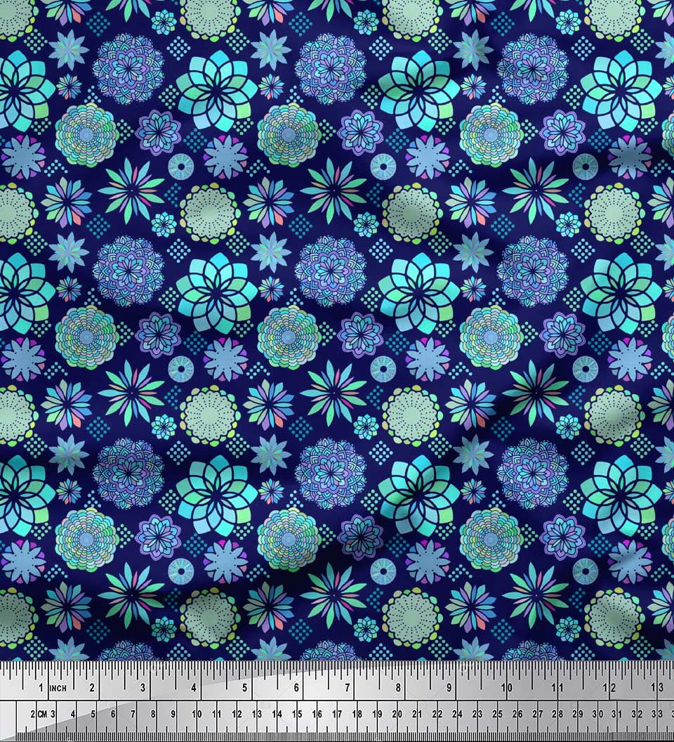 Soimoi Blue Japan Crepe Satin Fabric Blue Mandala Print Fabric by the ...