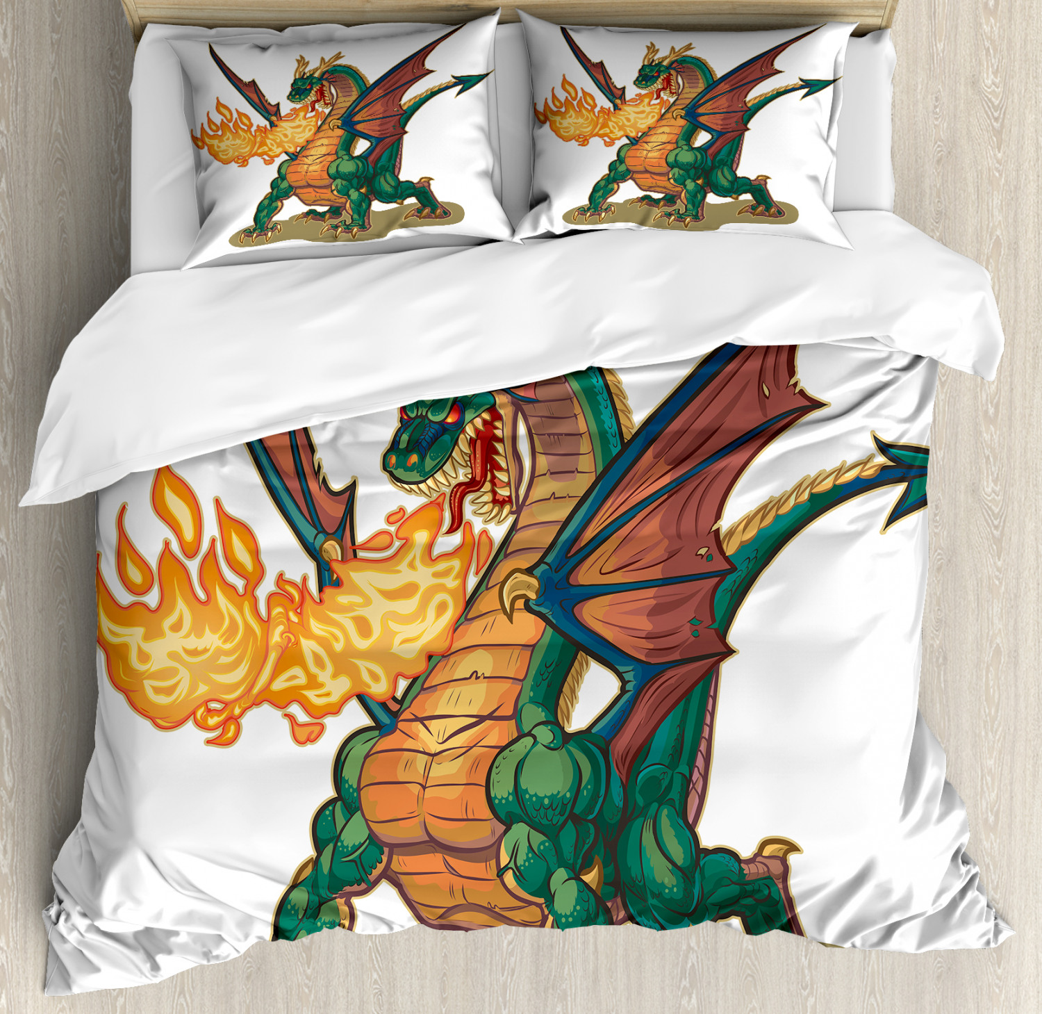 Dragon Duvet Cover Set King Size, Mythical Fire Spitting Monster Dreamy ...