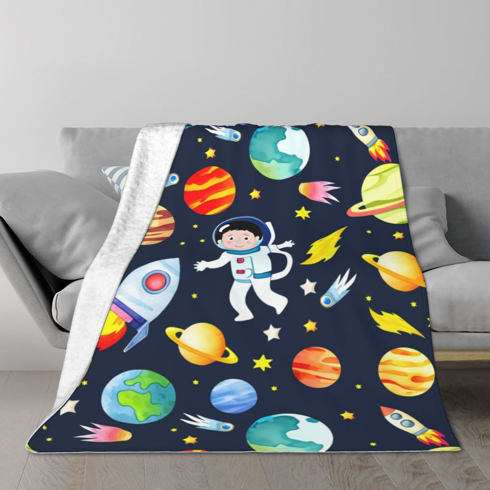 TEQUAN Double Layer Plush Bed Blanket, Space Rocket Astronaut Pattern ...