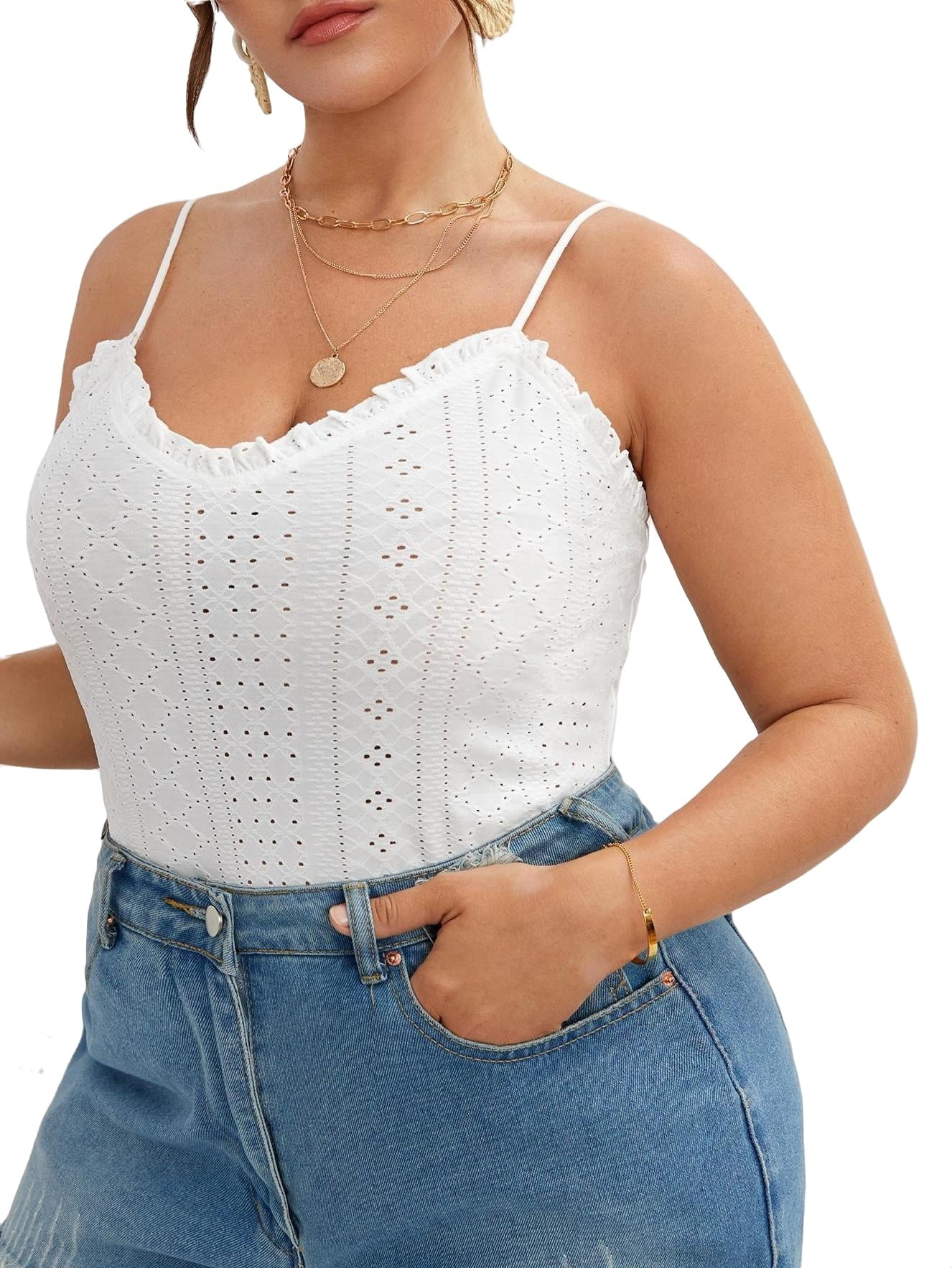 Casual Solid Spaghetti Strap Cami White Plus Size Tank Tops And Camis