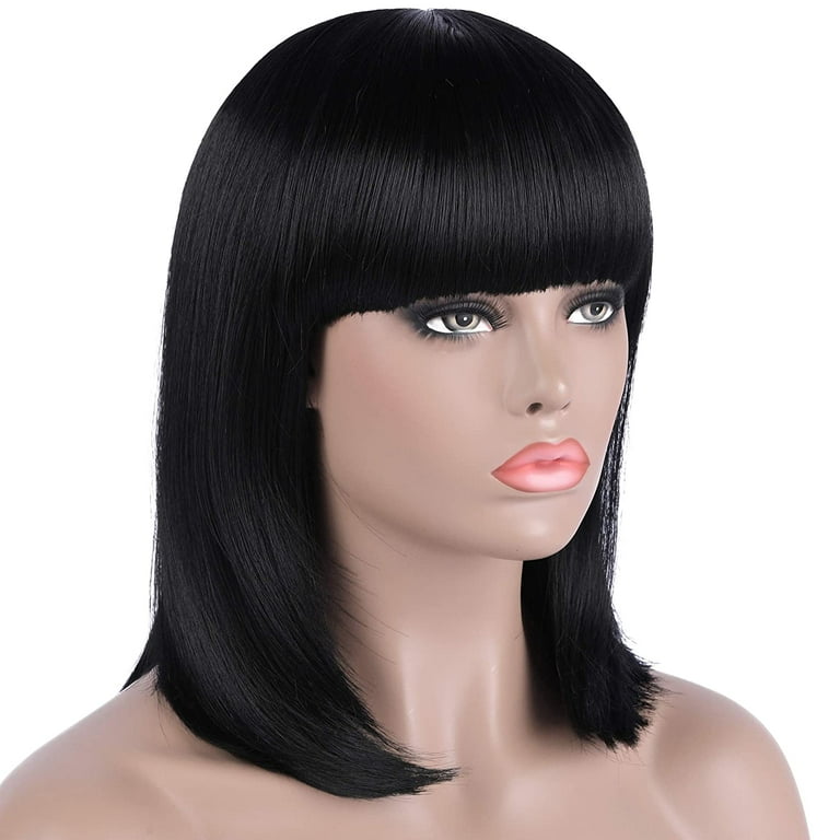Onedor Women s 14 Inch Straight Short Black Bob Wig with Hair Bangs Heat Resistant Synthetic Full Hair Wigs for Women 1 Black Walmart