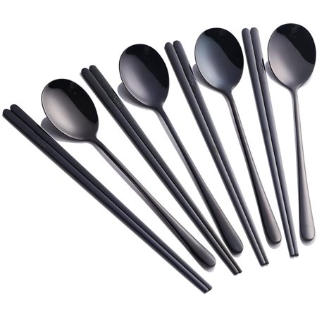 4 Sets Korean Chopsticks Korean Spoons Black Stainless Steel Chopsticks ...
