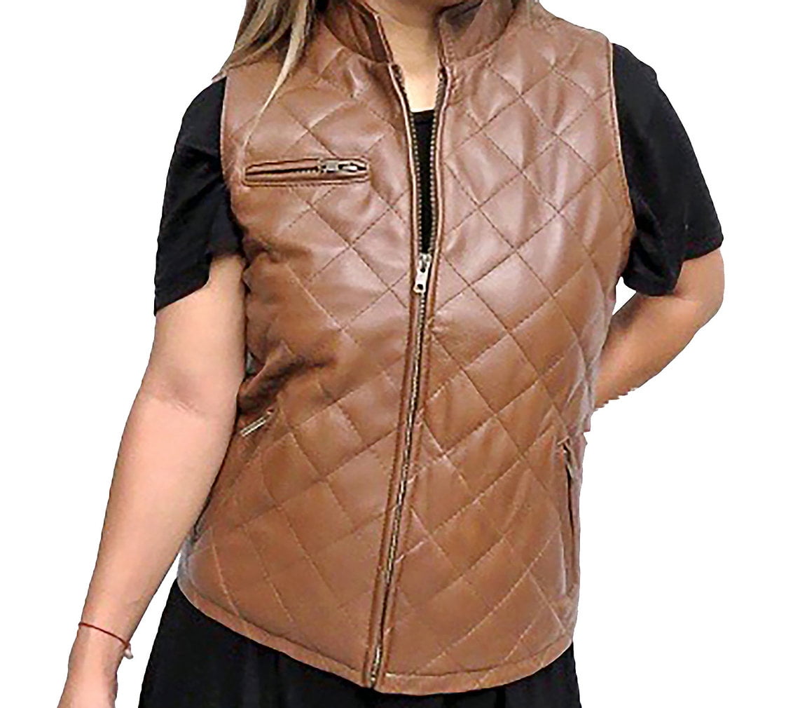 Chaleco de piel color miel con bordado de rombos al frente, de cuello alto, con 2 bolsas en ...