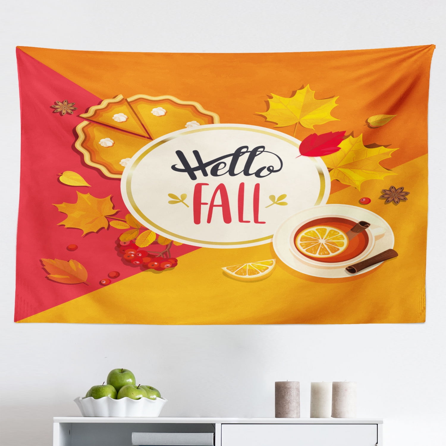 Hello Fall Tapestry, Fallen Tree Leaves Modern Artwork in Autumn Season ...