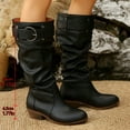 Black Ladies Chunky Heel Mid Calf Boots Pleated Detailing Belt Metal ...
