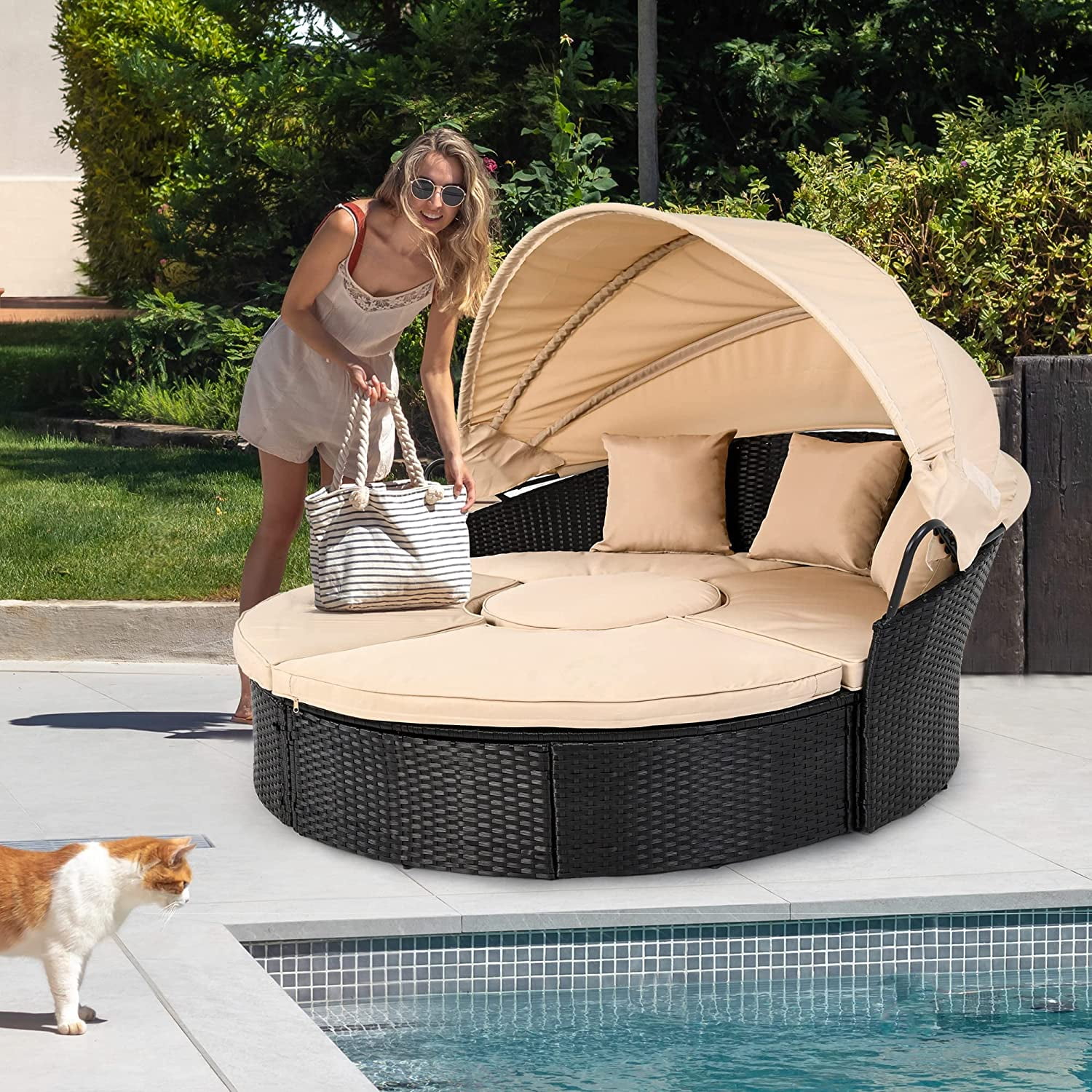 DWVO Patio Round Outdoor Daybed with Retractable Canopy Rattan Wicker ...