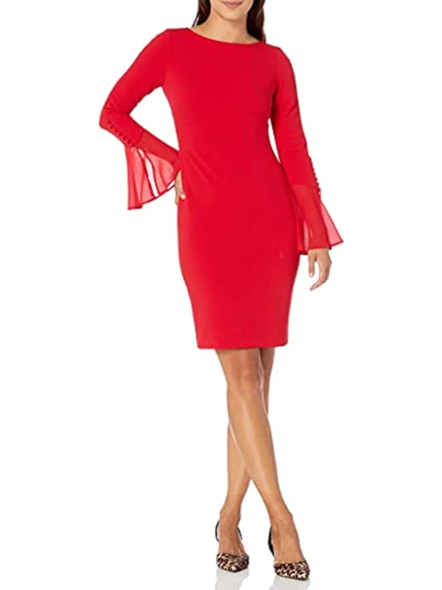 Calvin Klein Womens Red Stretch Zippered Button Bell Sleeves Boat Neck