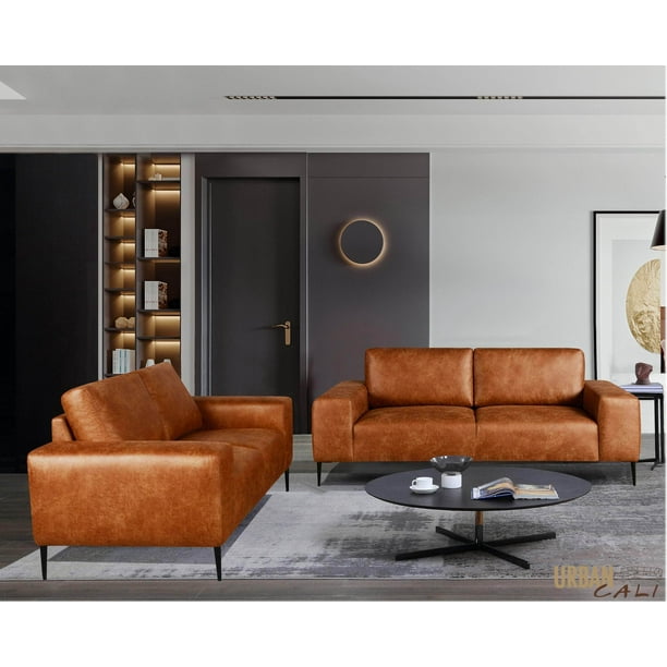 Urban Cali Fresno 2 Piece Sofa and Loveseat Set in Rustic Light Brown ...
