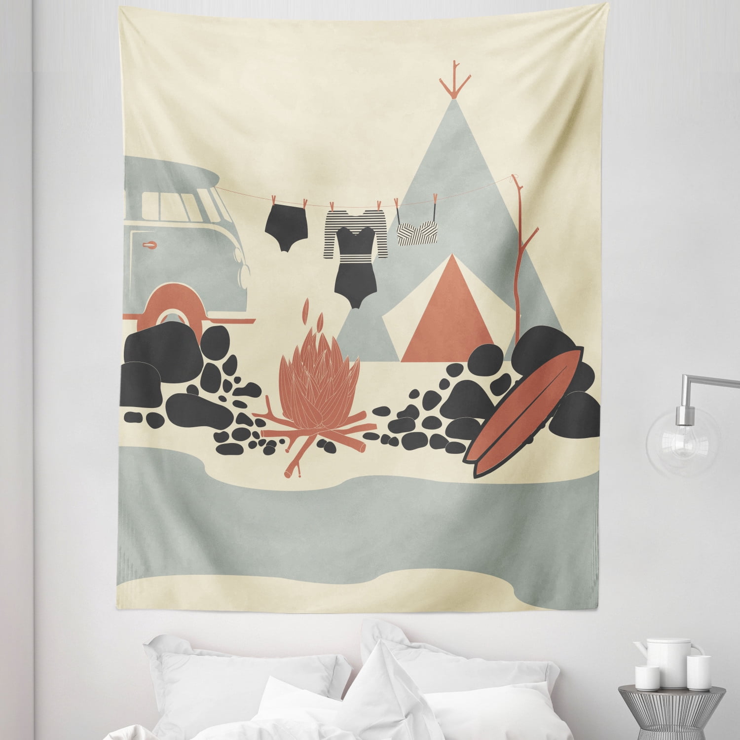 Camper Tapestry, Tent and Hippie Van in Wilderness Exotic Beach ...