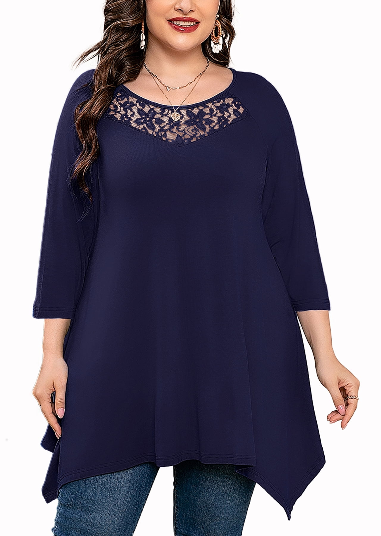 SHOWMALL Plus Size Tops for Women 3/4 Sleeve Navy Blue 1X Swing Tunic ...