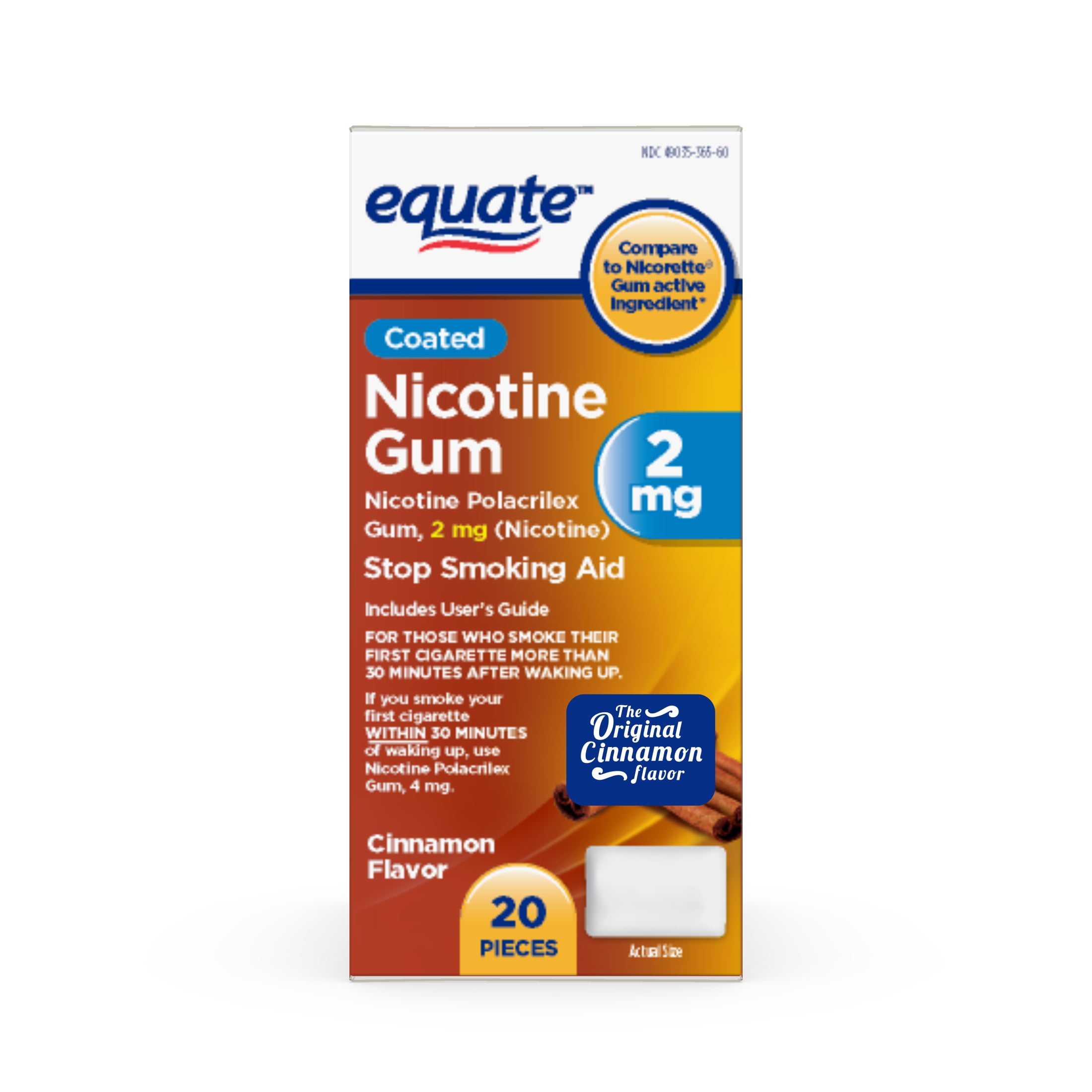 Equate Nicotine Coated Gum 2 mg, Cinnamon Flavor Stop Smoking Aid, 20 ...