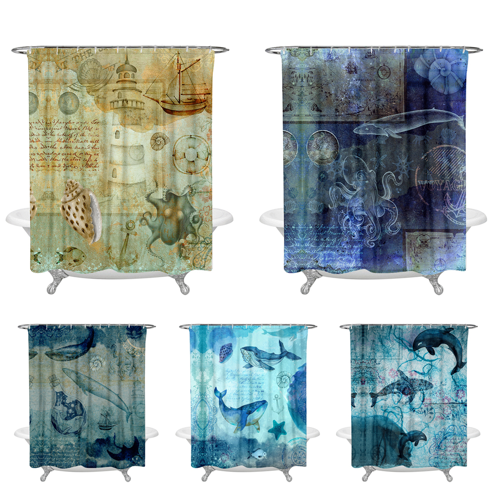 Ocean Creatures Shower Curtains Sea World Shower Curtain, Fish Conch ...
