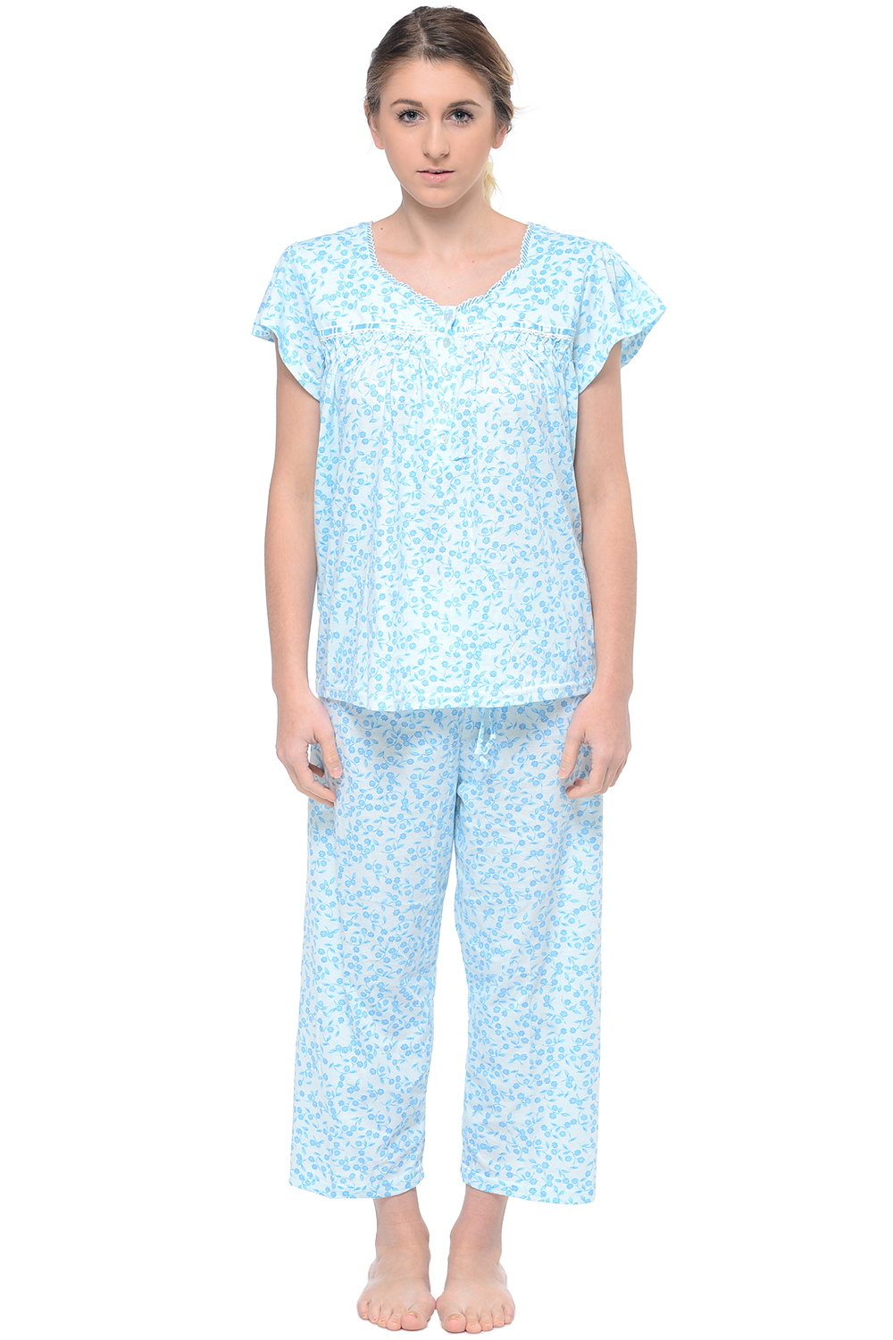 Casual Nights Women's Short Sleeve Smocked Floral Capri Pajama Set ...