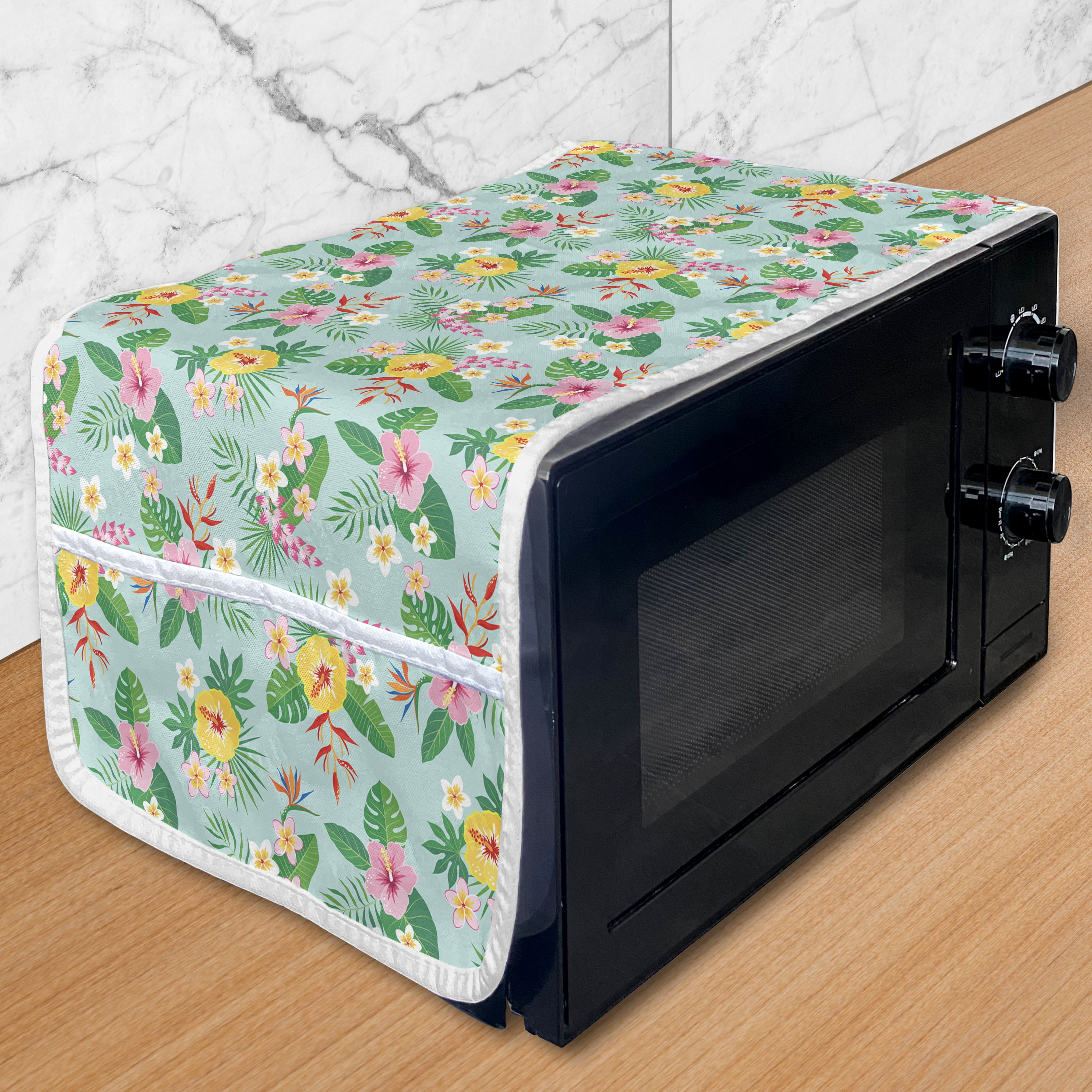 Jungle Microwave Oven Cover, Tropical Pattern with Hibiscus Frangipani Heliconia and Bird of ...