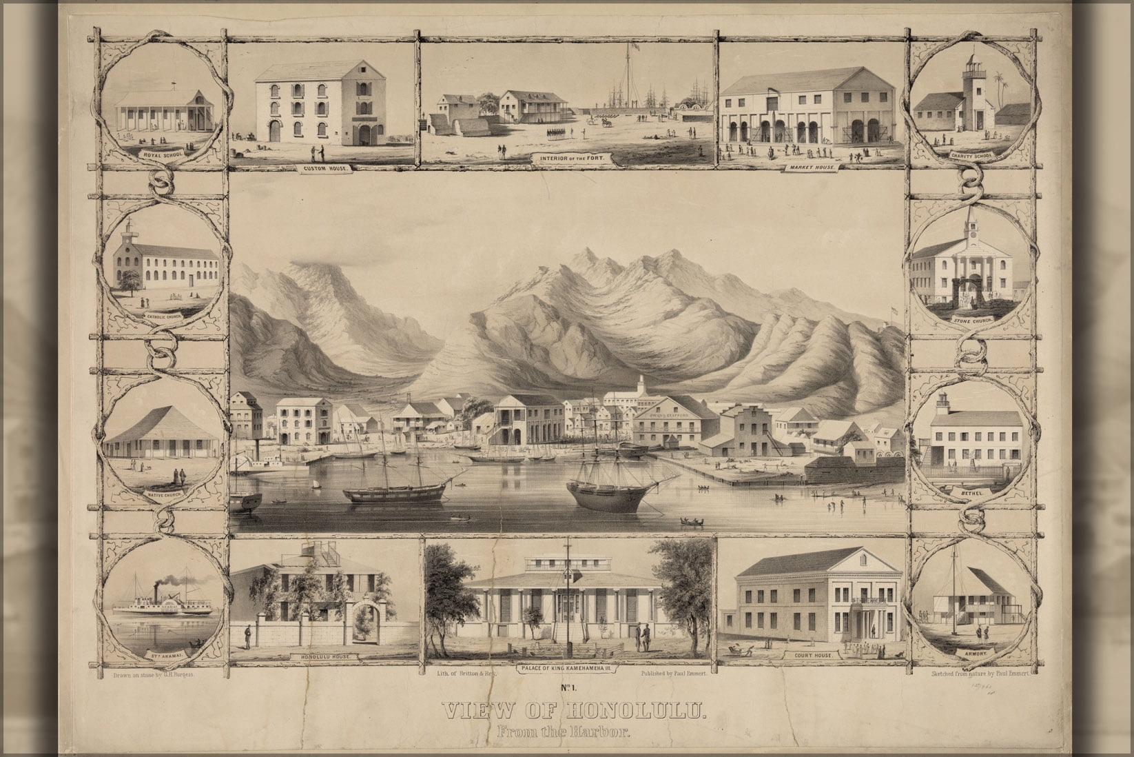 24"x36" Gallery Poster, View of Honolulu hawaii 1854 by george henry ...