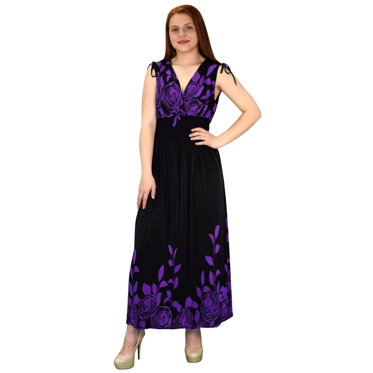 Gypsy Floral Rose Print Sleeveless Elastic Waist Boho Maxi Dress ...