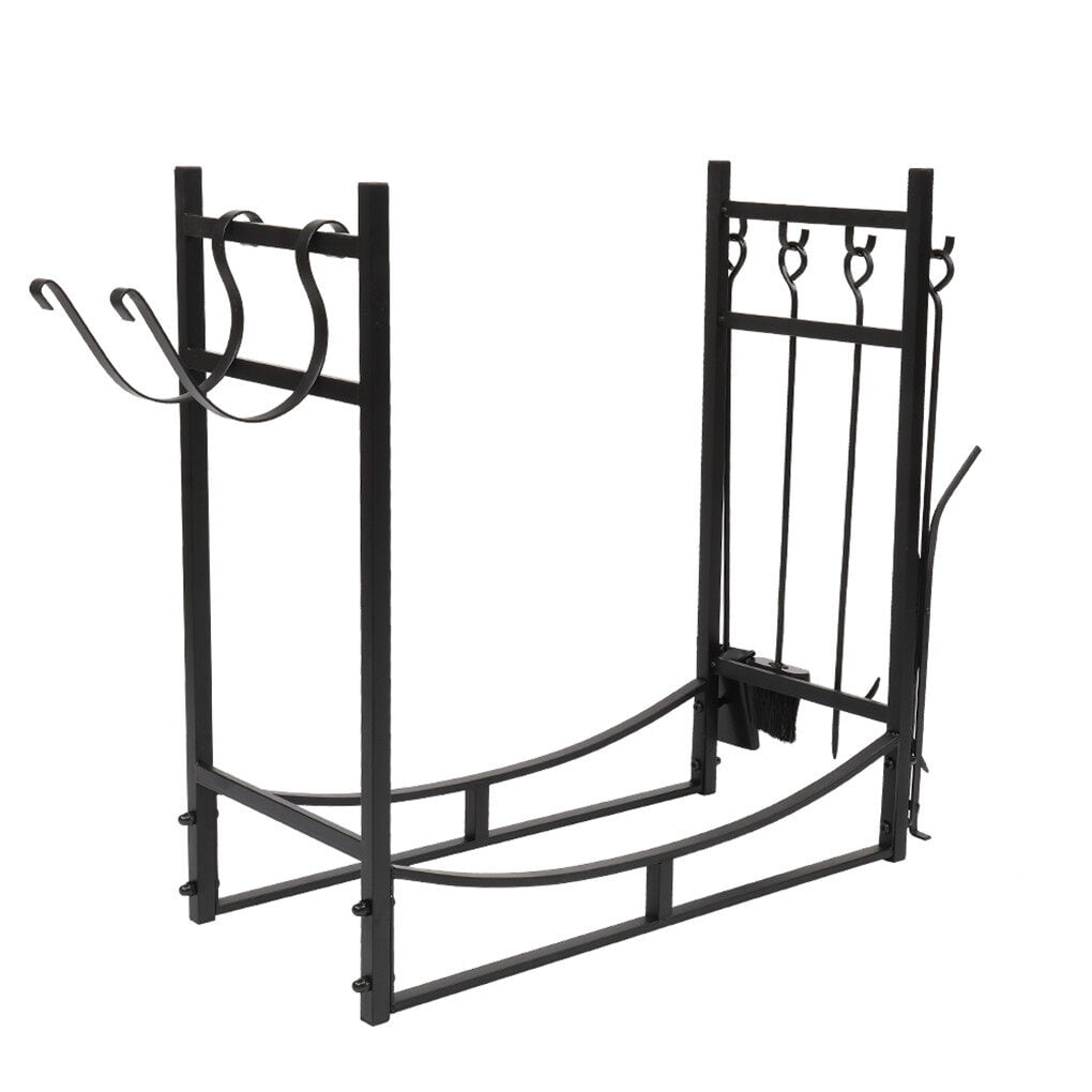 Log Storage Holder Metal Firewood Rack with Hooks Weatherproof ...