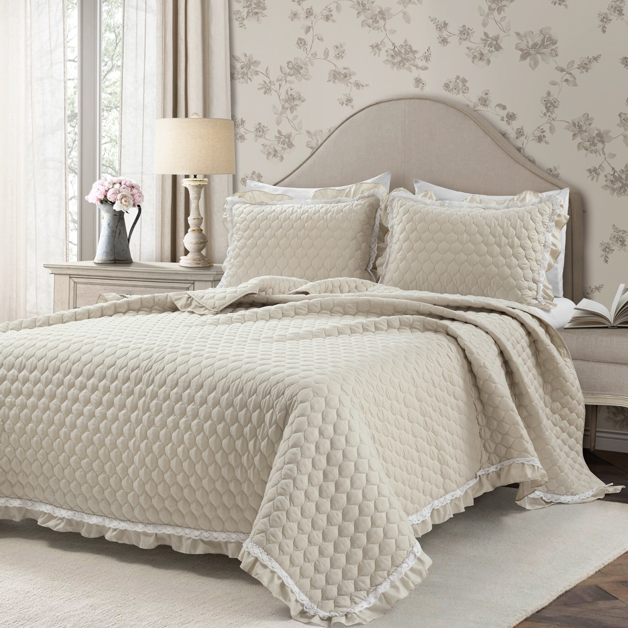 Lush Decor Ella Shabby Chic Ruffle Lace Quilt Neutral 3Pc Set King ...