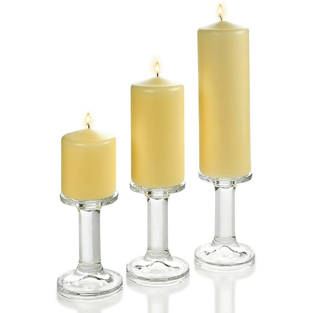 3 Glass Round Shaped Candle Holders 5.5” with Set of 3 Ivory Pillar ...