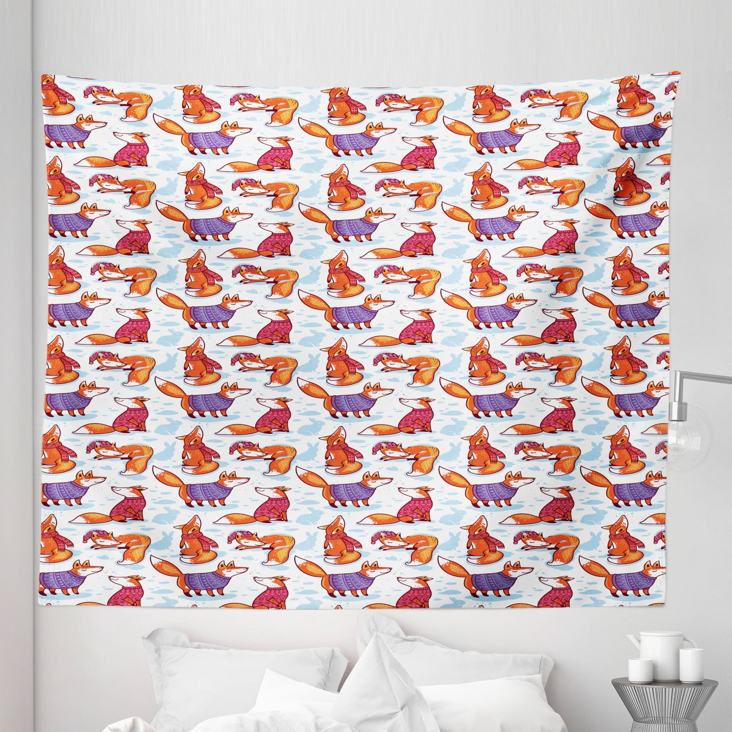 Fox Tapestry, Snow Foxes with Winter Sweaters and Scarf Cartoon Vulpe ...