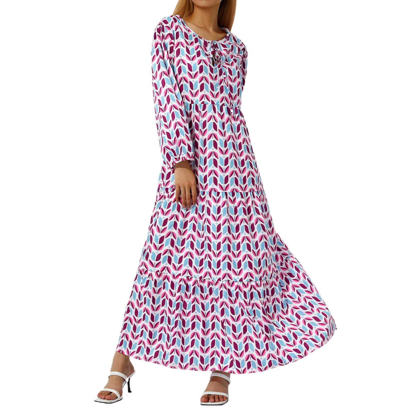 Women Boho Floral Print Maxi Dress Puff Short Sleeve Flowy Bohemian ...