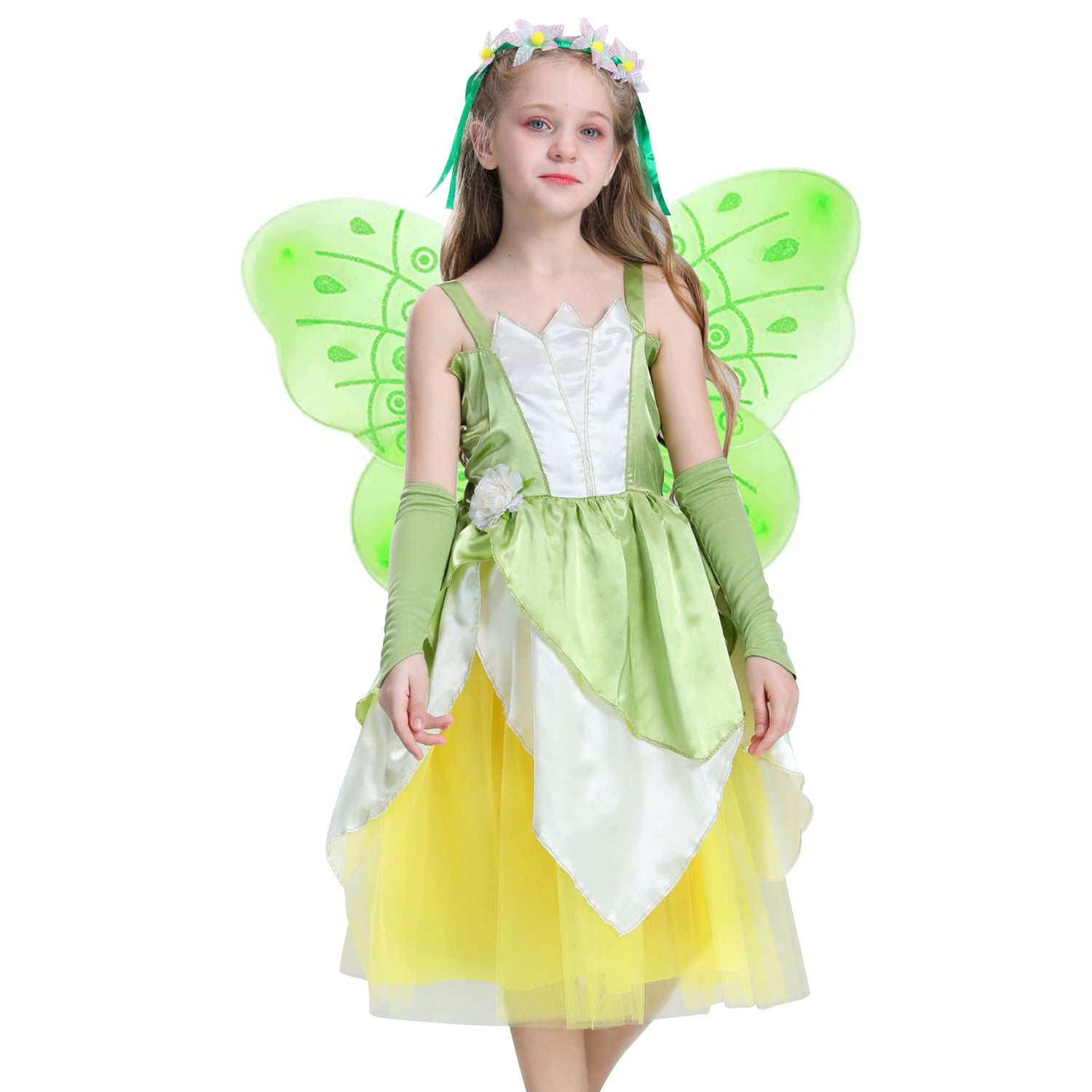 KAWELL Girls Green Halloween Costume Fairy Tale Princess Dress with Elf ...
