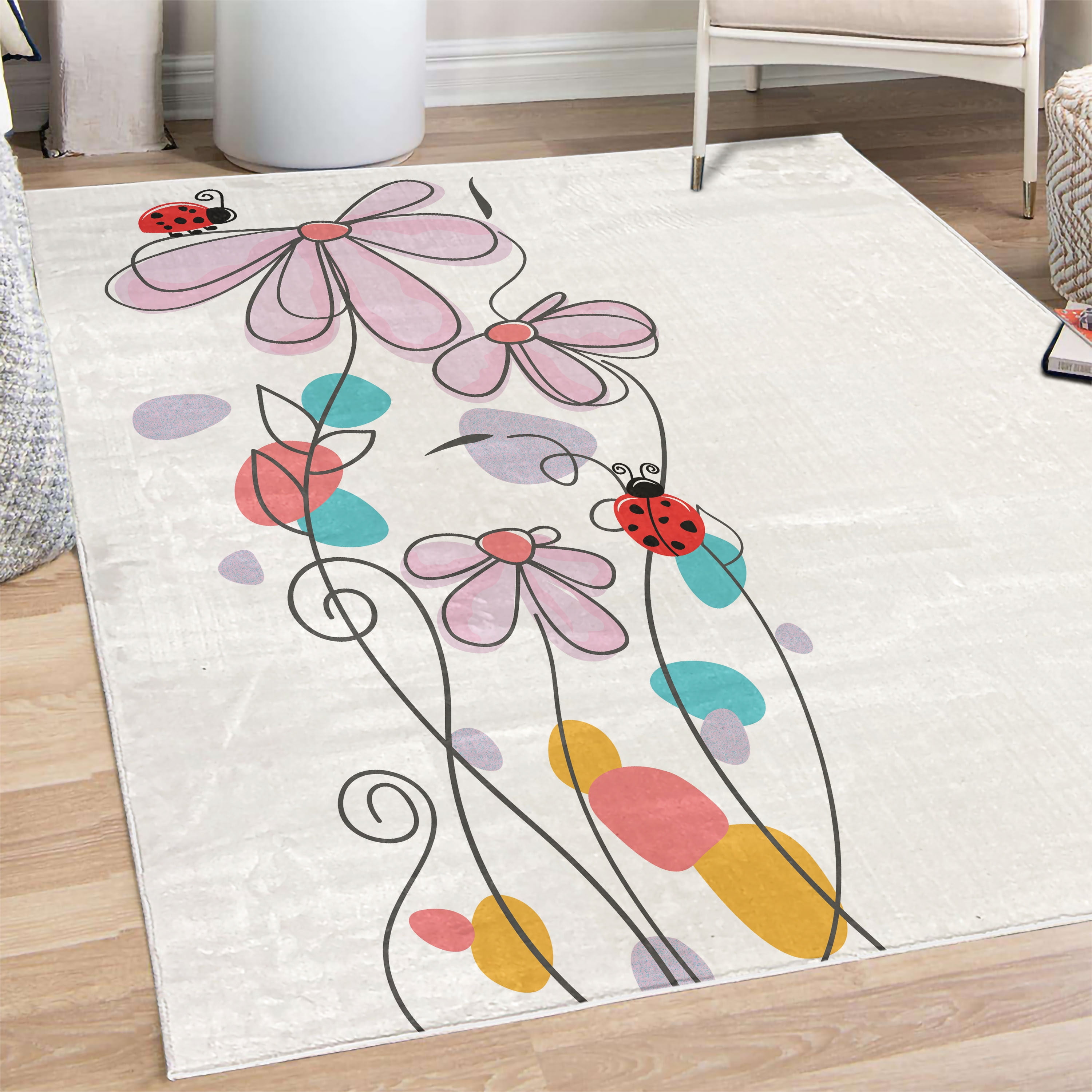 Spring Decorative Rug, Flowers Oval Dome-Shaped Ladybugs Illustration ...