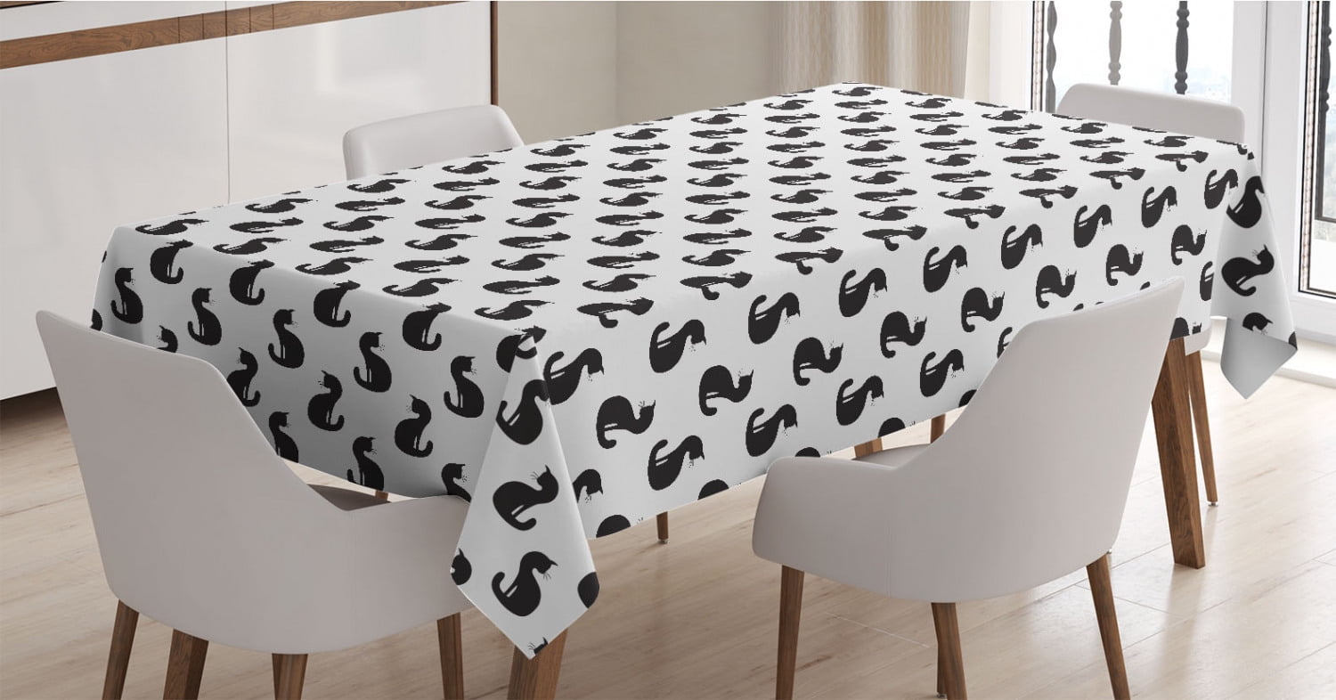 Cat Tablecloth, Silhouette of a Kitten Monochrome Feline Pattern House ...