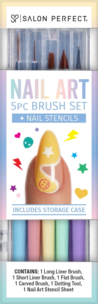 Salon Perfect 5pc Nail Polish Art Brush Kit + Nail Kit Art Stencils ...