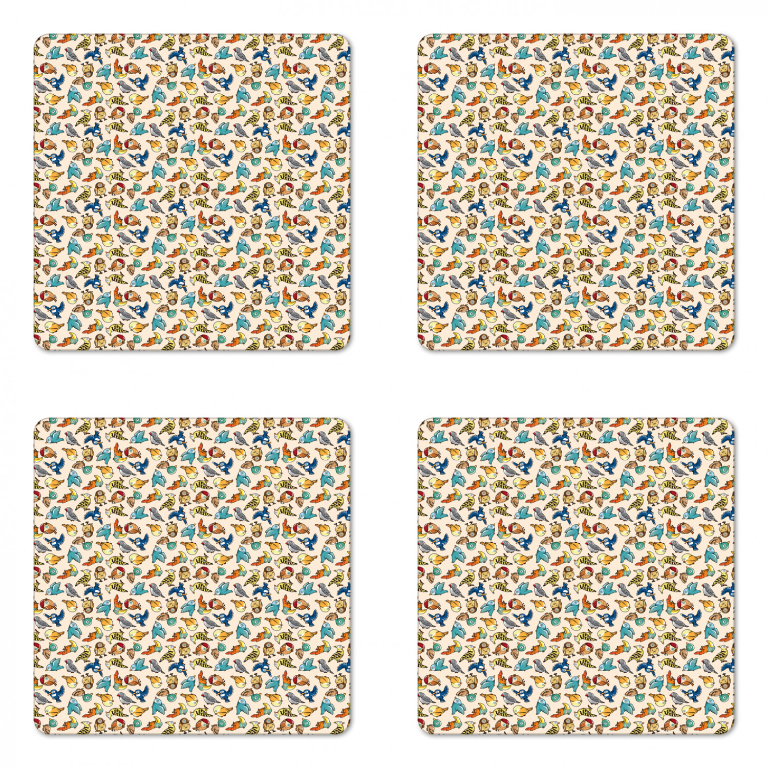 Birds Coaster Set of 4, Repeating Nursery Theme Several and Funny Birds ...