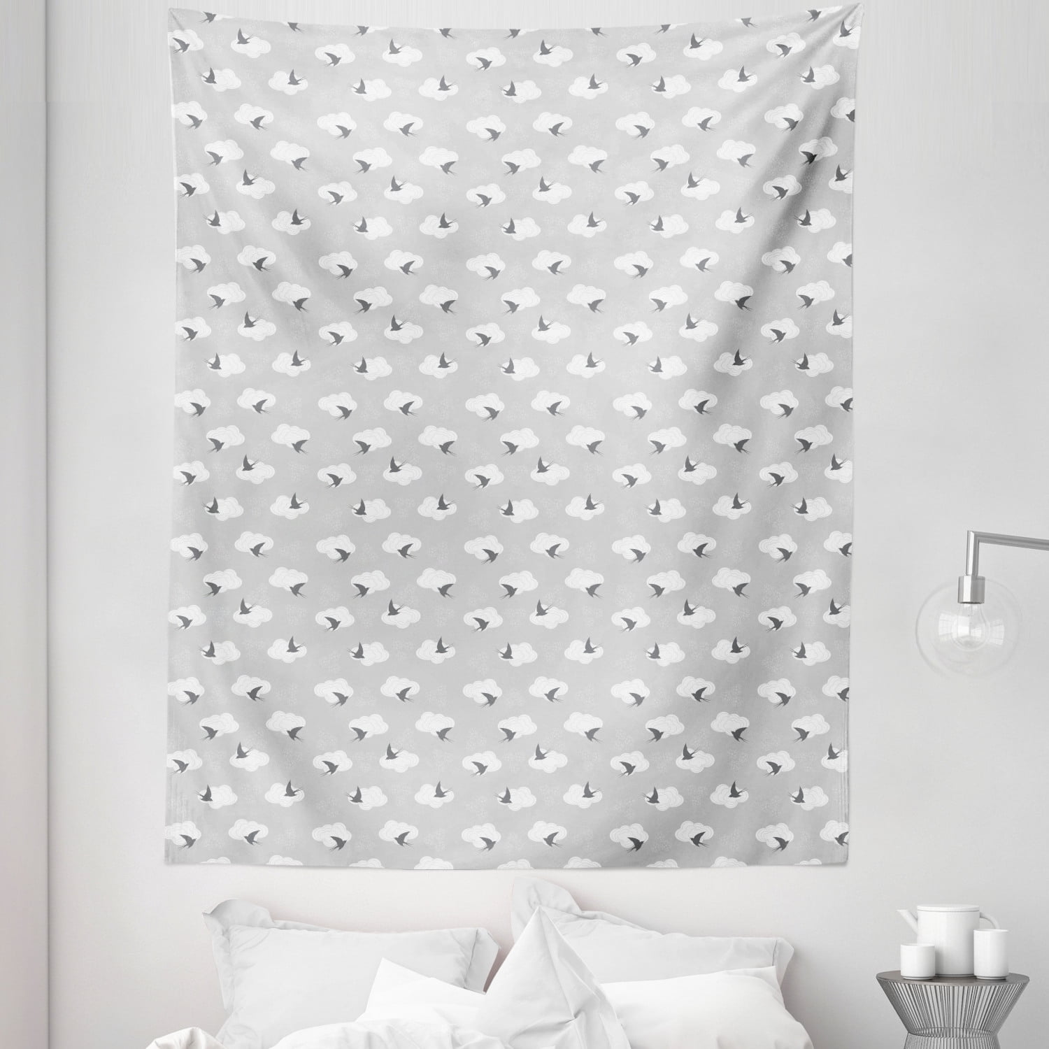 Grey Tapestry, Dark Swallow Bird Silhouettes Flying in Cloudy Sky ...